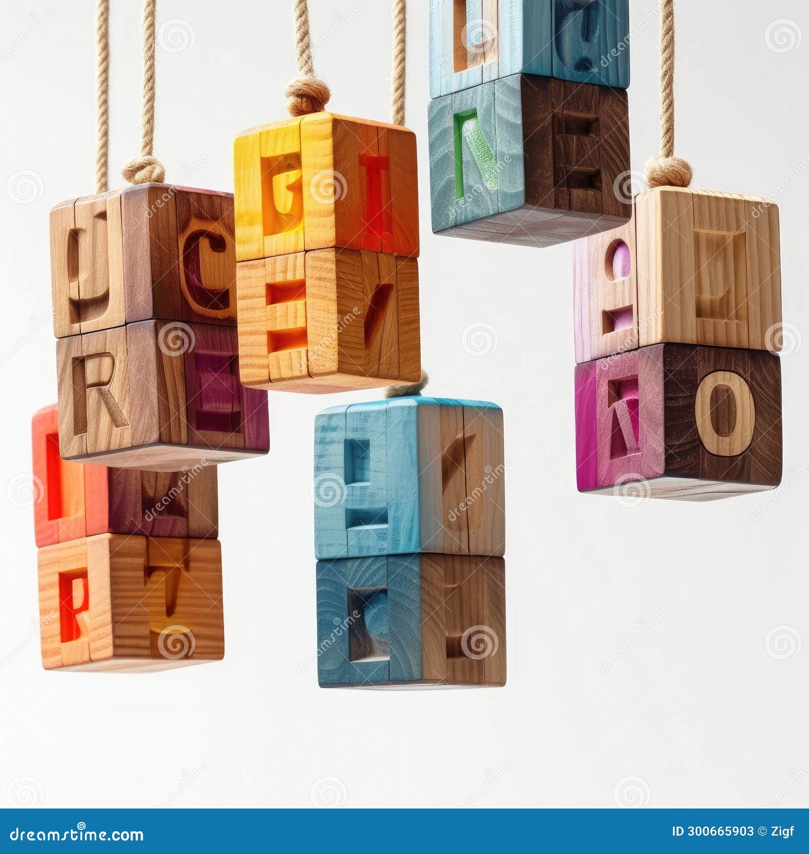 Group of Wooden Letters Suspended from Ceiling by Strings. these ...