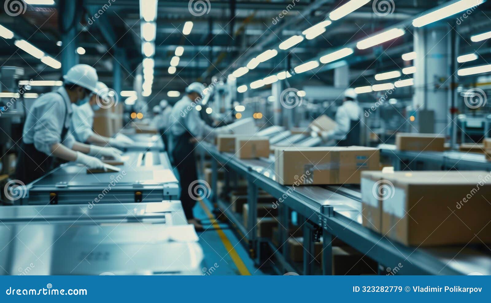 Group of Workers on Assembly Line in a Factory Setting Stock ...
