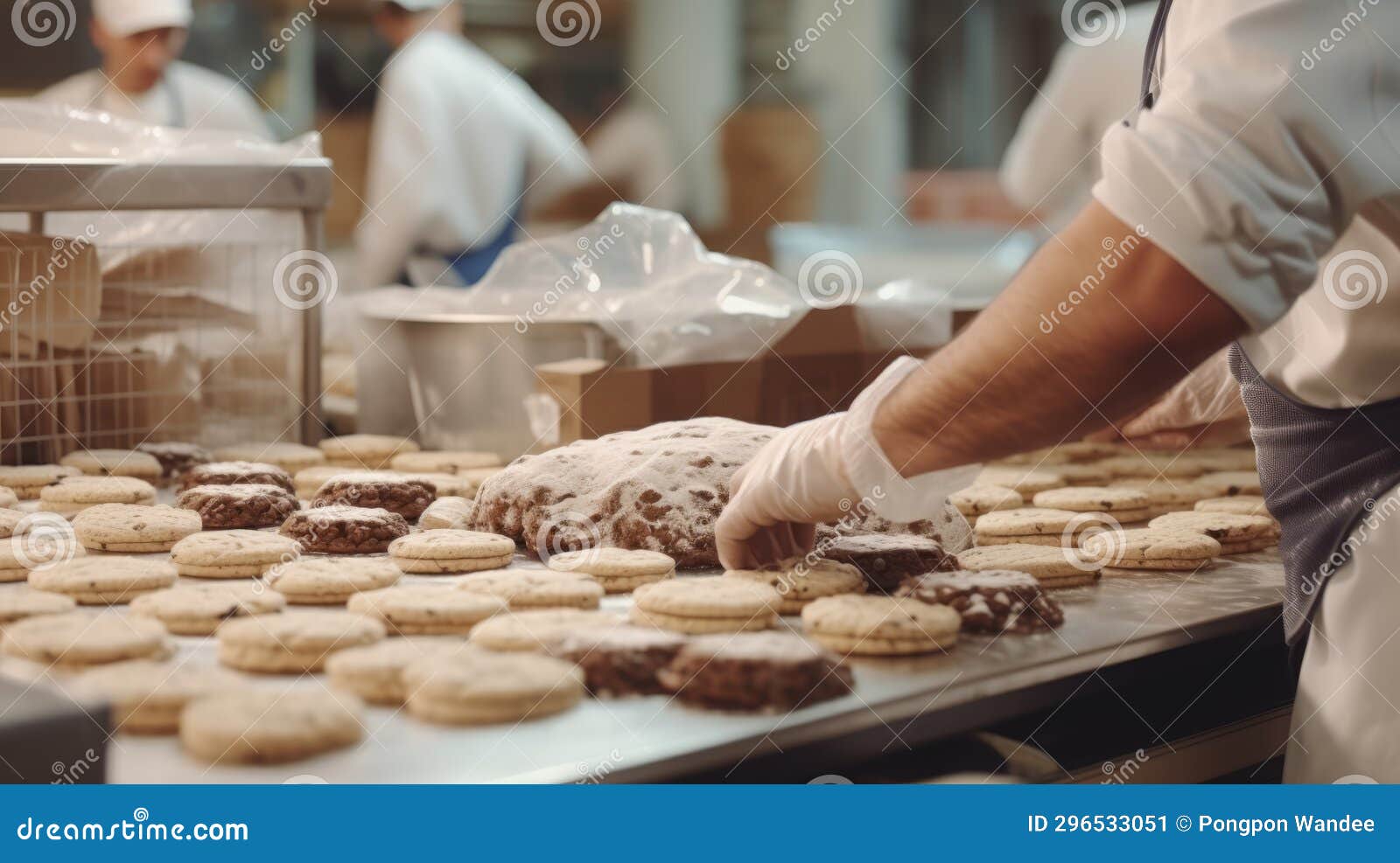 Group of Workers in a Bakery, Preparing Cookies with Various Kitchen ...