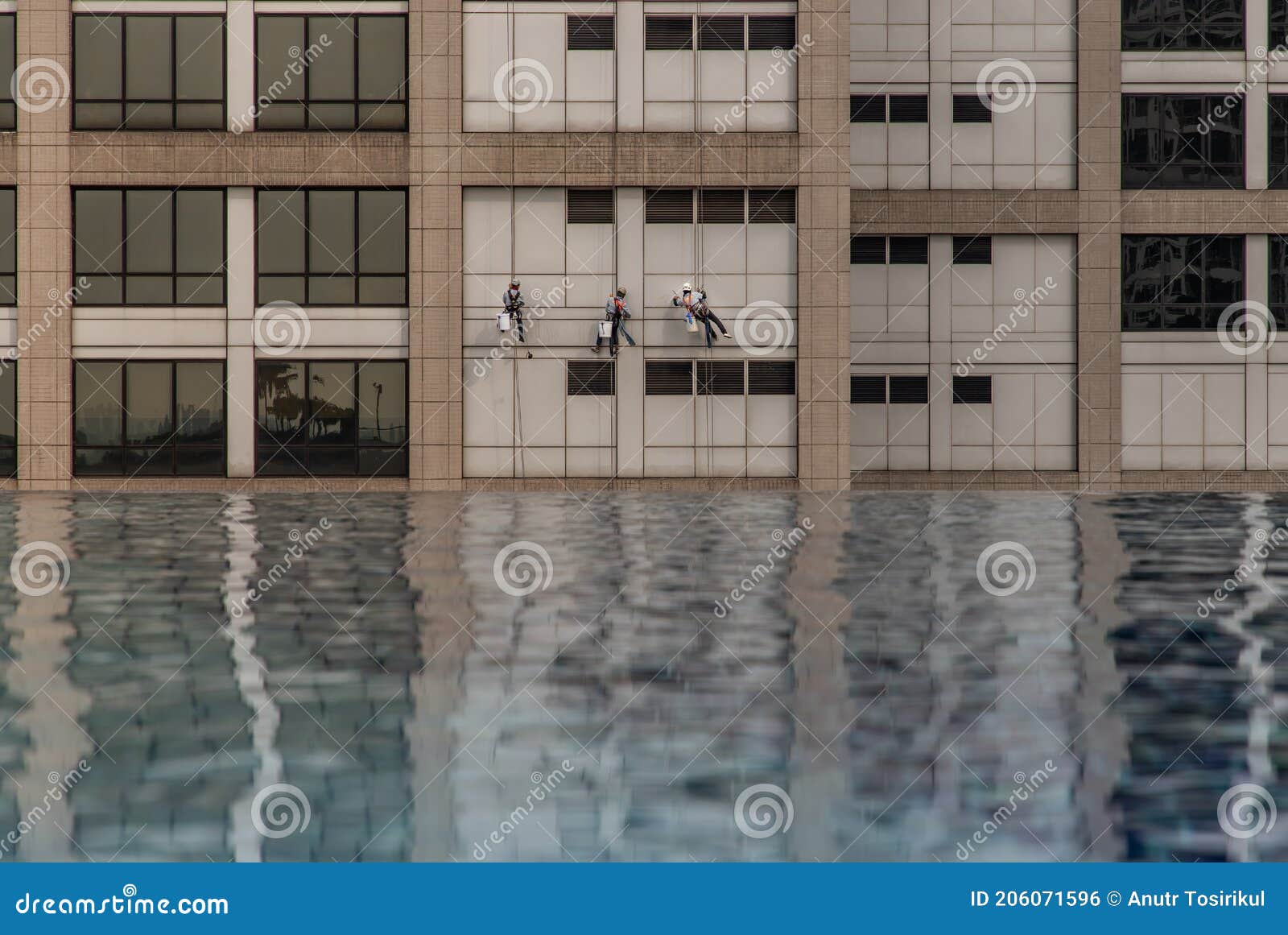 Group of Workers Cleaning Windows Service on High Rise Office Building ...