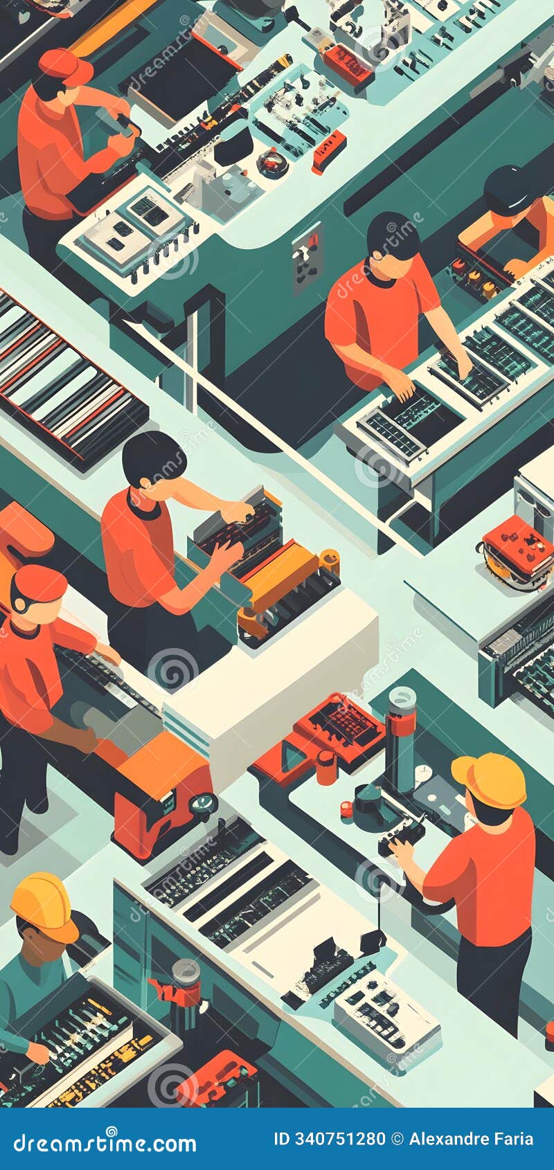 Group of Workers Collaborating in Factory Setting Stock Illustration ...