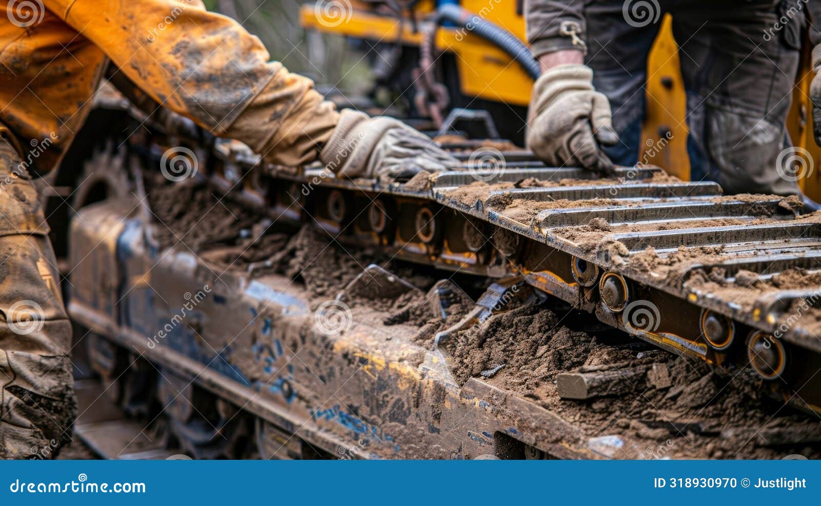 A Group of Workers Disassembling and Replacing Worn Out Tracks on a ...