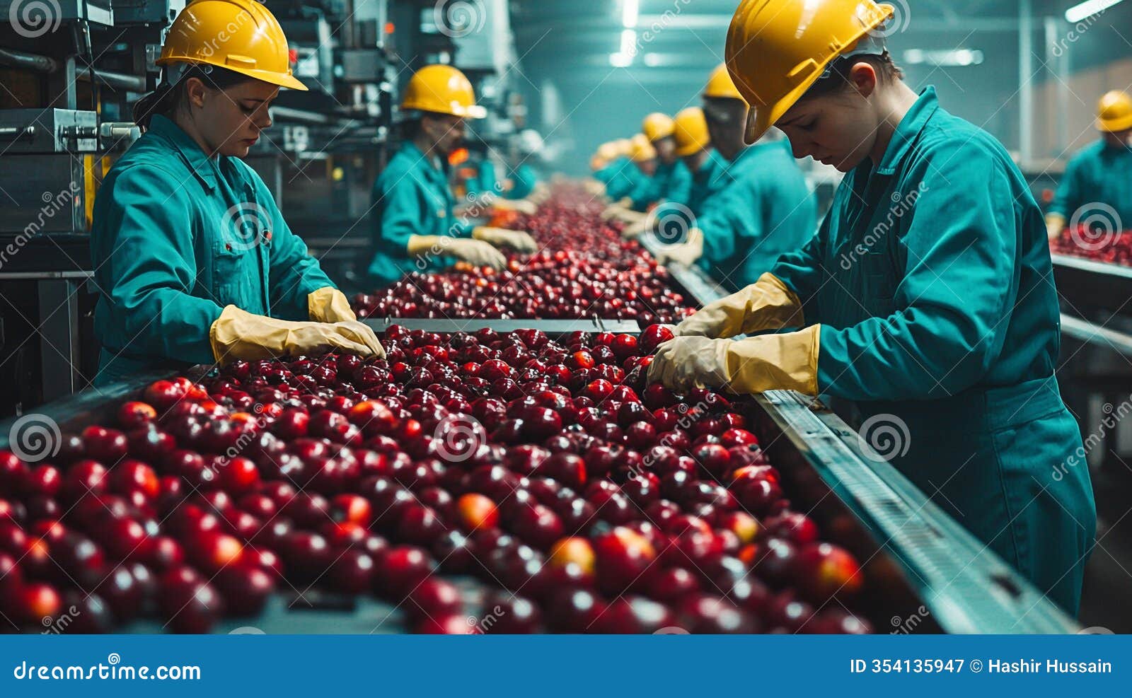 Factory Workers Sorting Red Fruit on Conveyor Belt Food Production Line ...