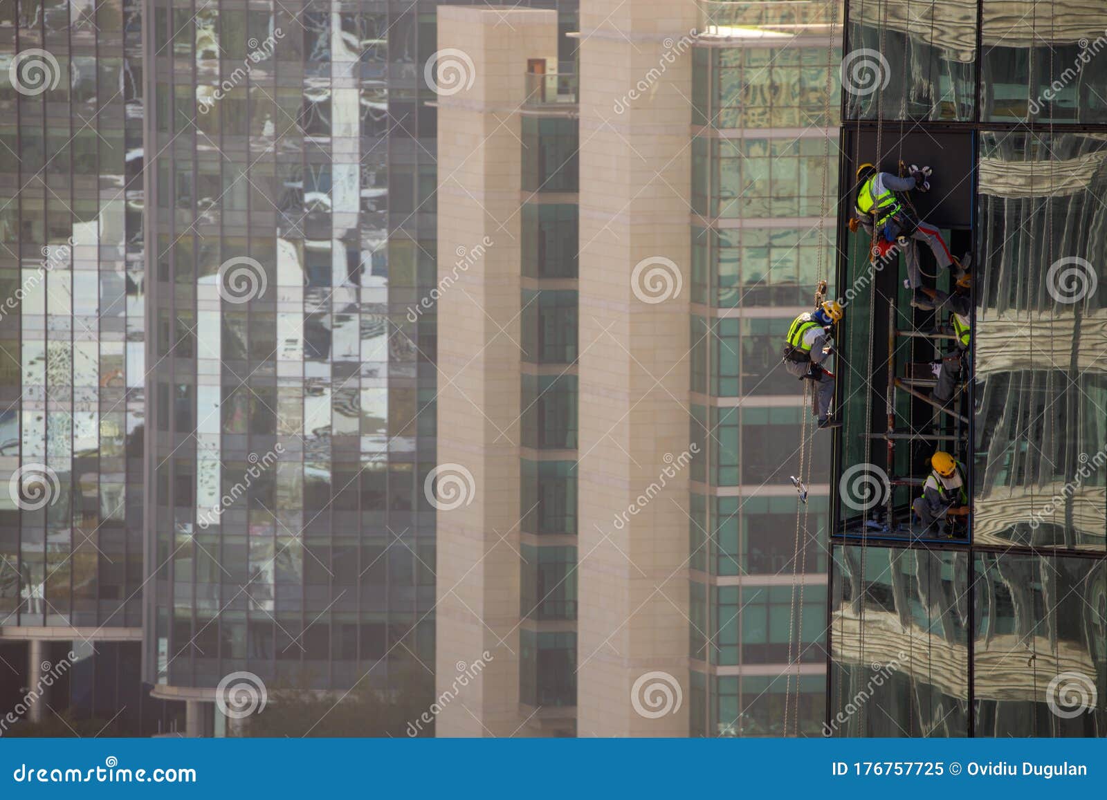 Workers Installing a Window on Skyscraper Stock Image - Image of window ...
