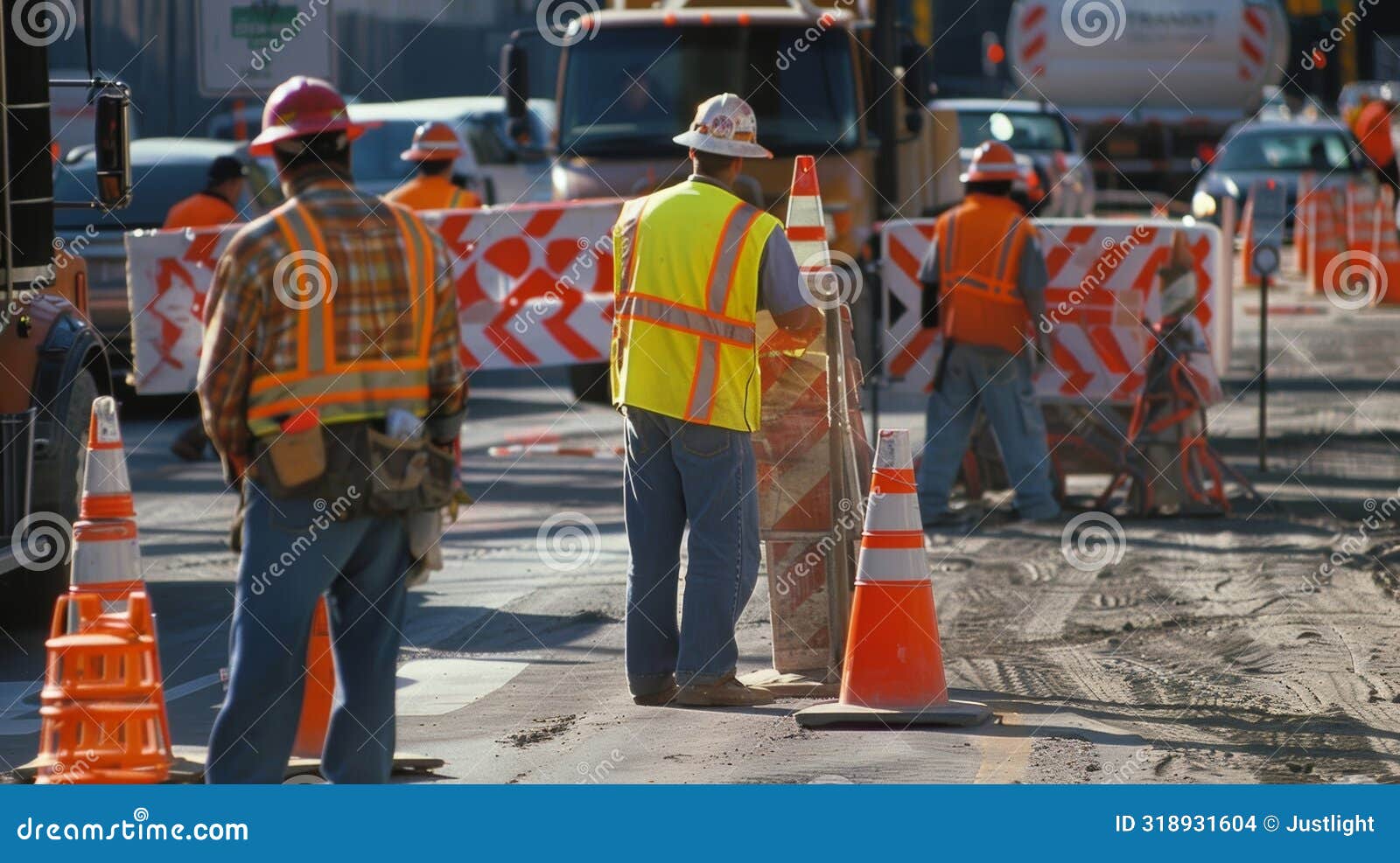 A Group of Workers Setting Up Temporary Traffic Control Devices and ...