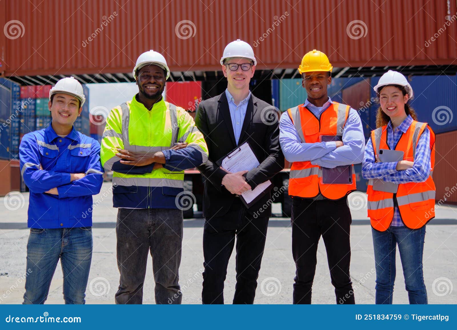 Group of Workers Teamwork at Logistics Terminal with Many Stacks of ...