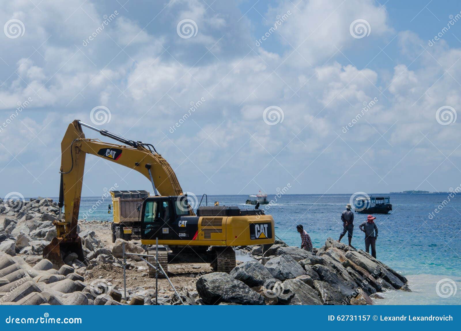 Group of Workers Using Excavator at Construction Site on Shore of Ocean ...