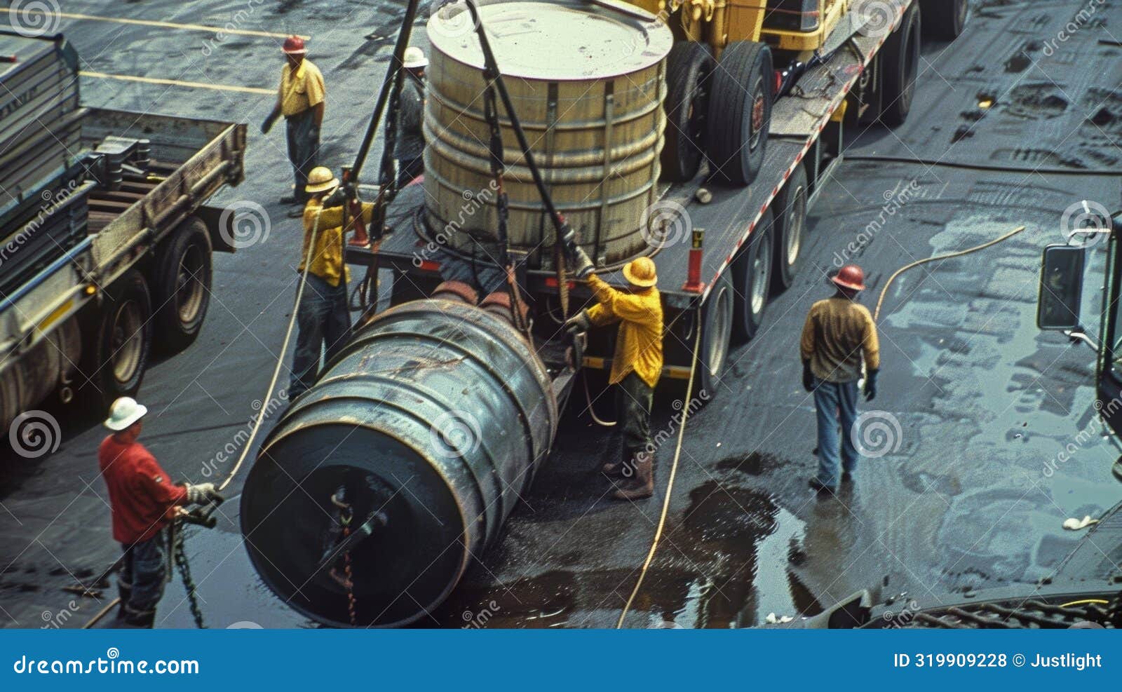 A Group of Workers Using a Winch To Lift a Large Oil Barrel from a ...