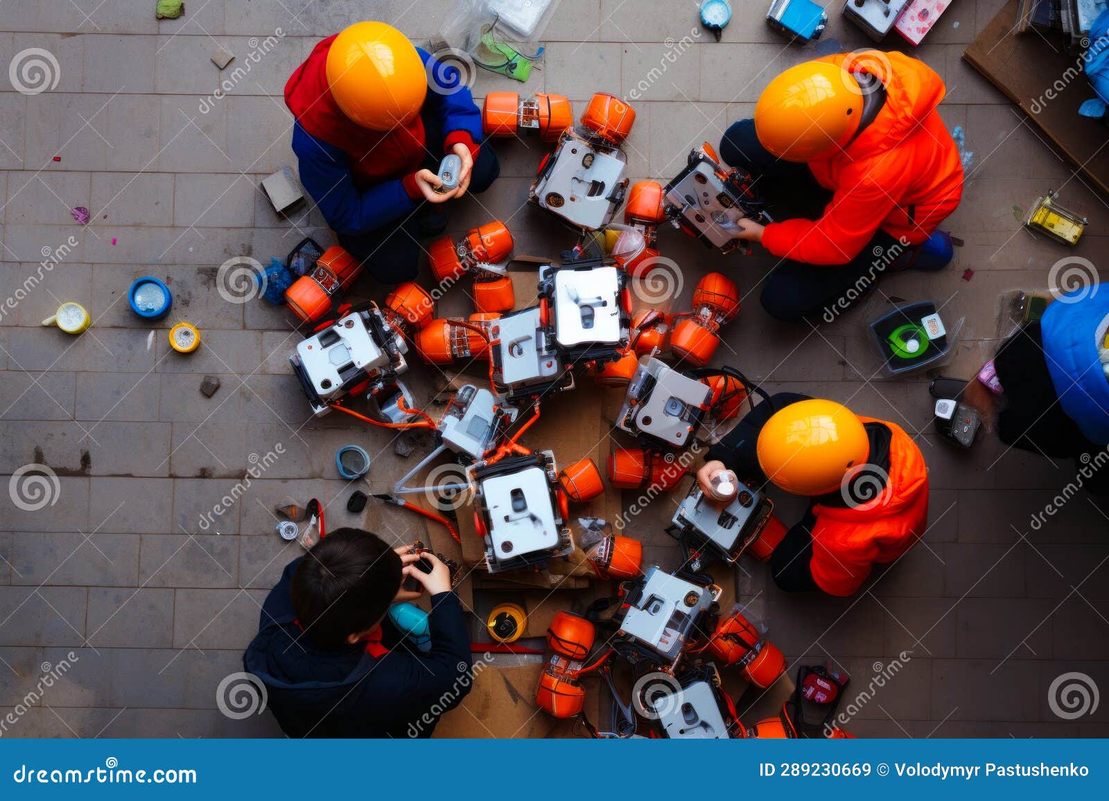 Group of Workers Working on Electrical Equipment on Floor. Generative ...
