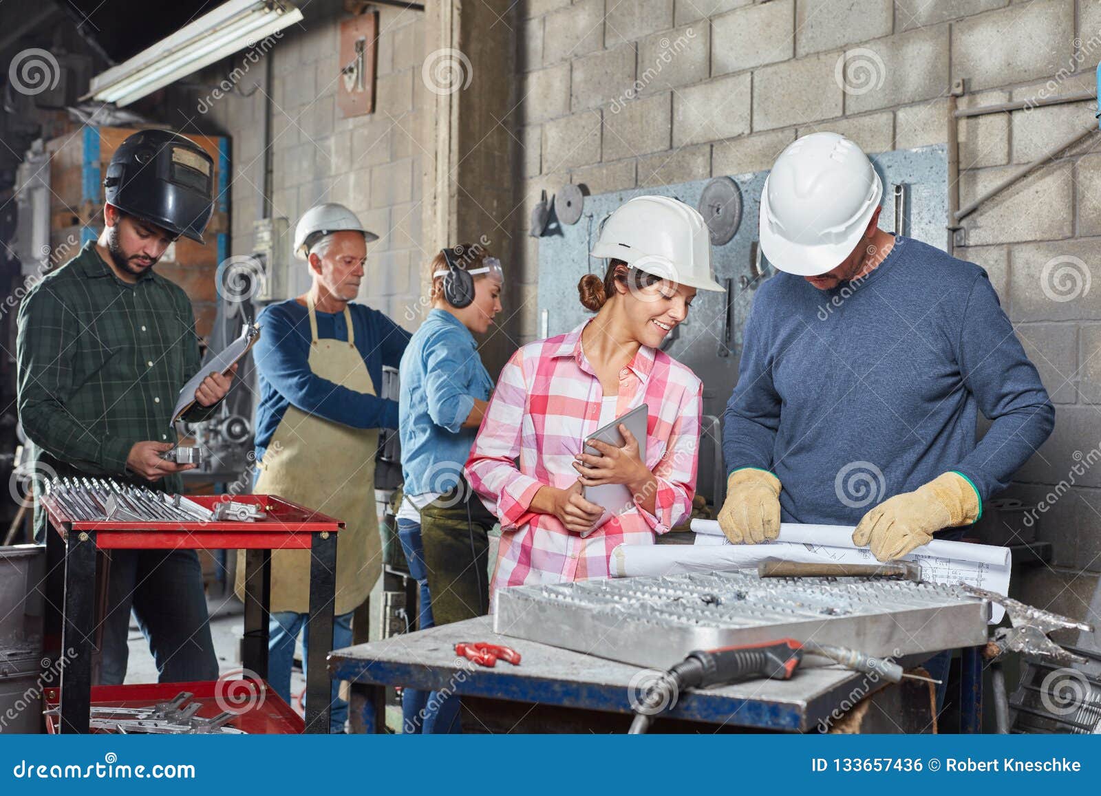 Group of Workers in Workshop Stock Photo - Image of employee ...