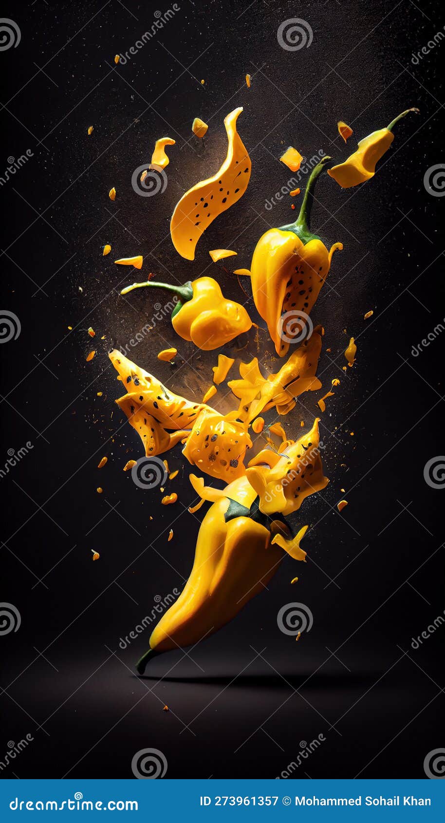 Group of Yellow Chillies Vegetable Creatively Falling-Dripping Flying ...