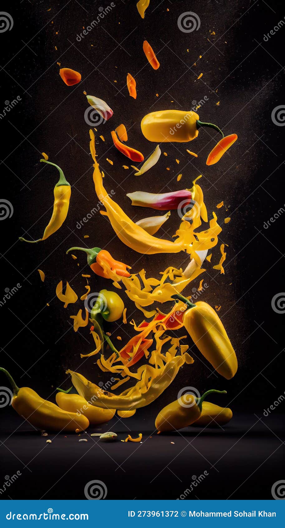 Group of Yellow Chillies Vegetable Creatively Falling-Dripping Flying ...