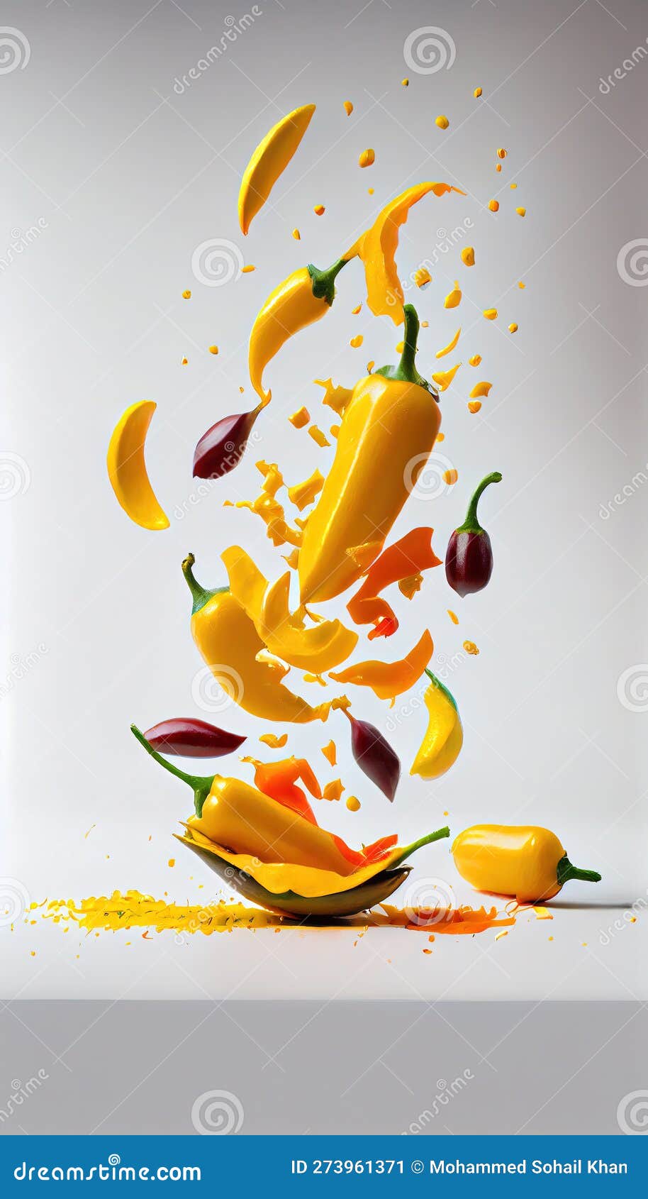 Group of Yellow Chillies Vegetable Creatively Falling-Dripping Flying ...