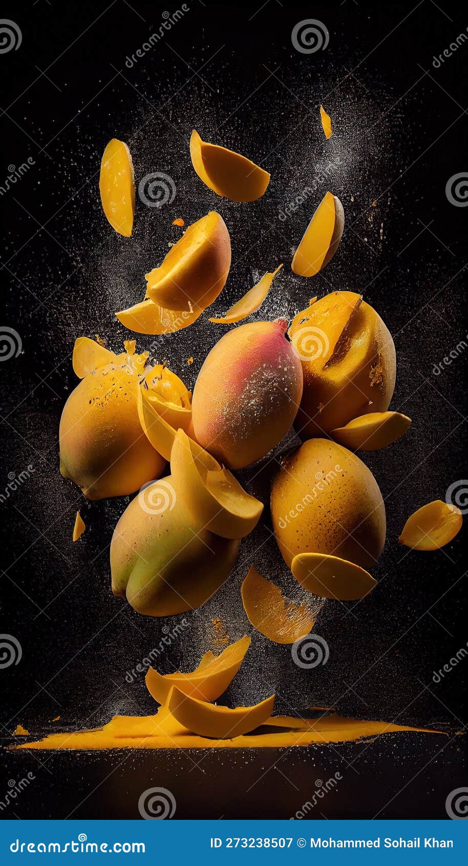 Group of Yellow Mangoes Creatively Falling-Dripping Flying or Splashing ...