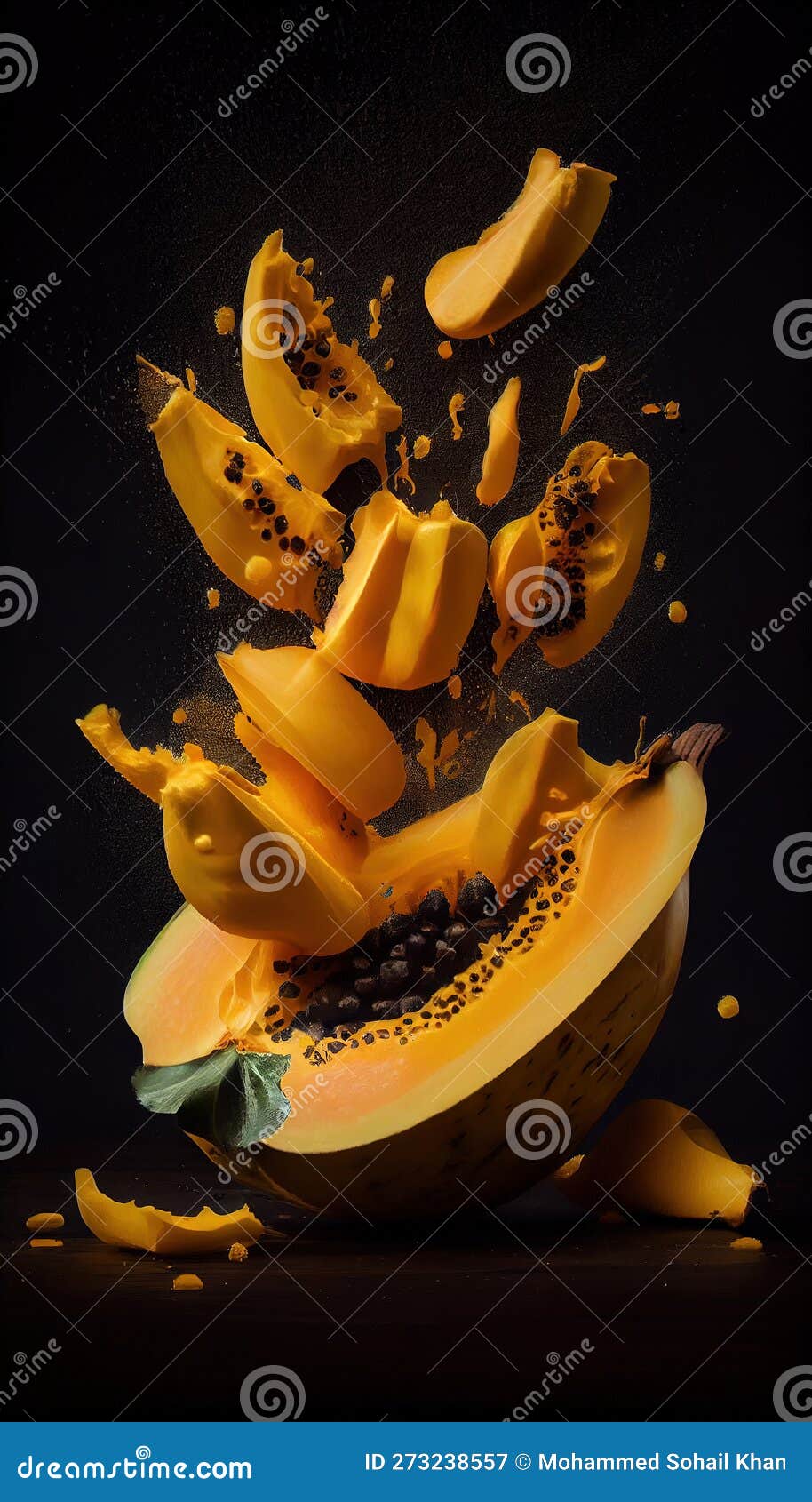 Group of Yellow Papaya Creatively Falling-Dripping Flying or Splashing ...