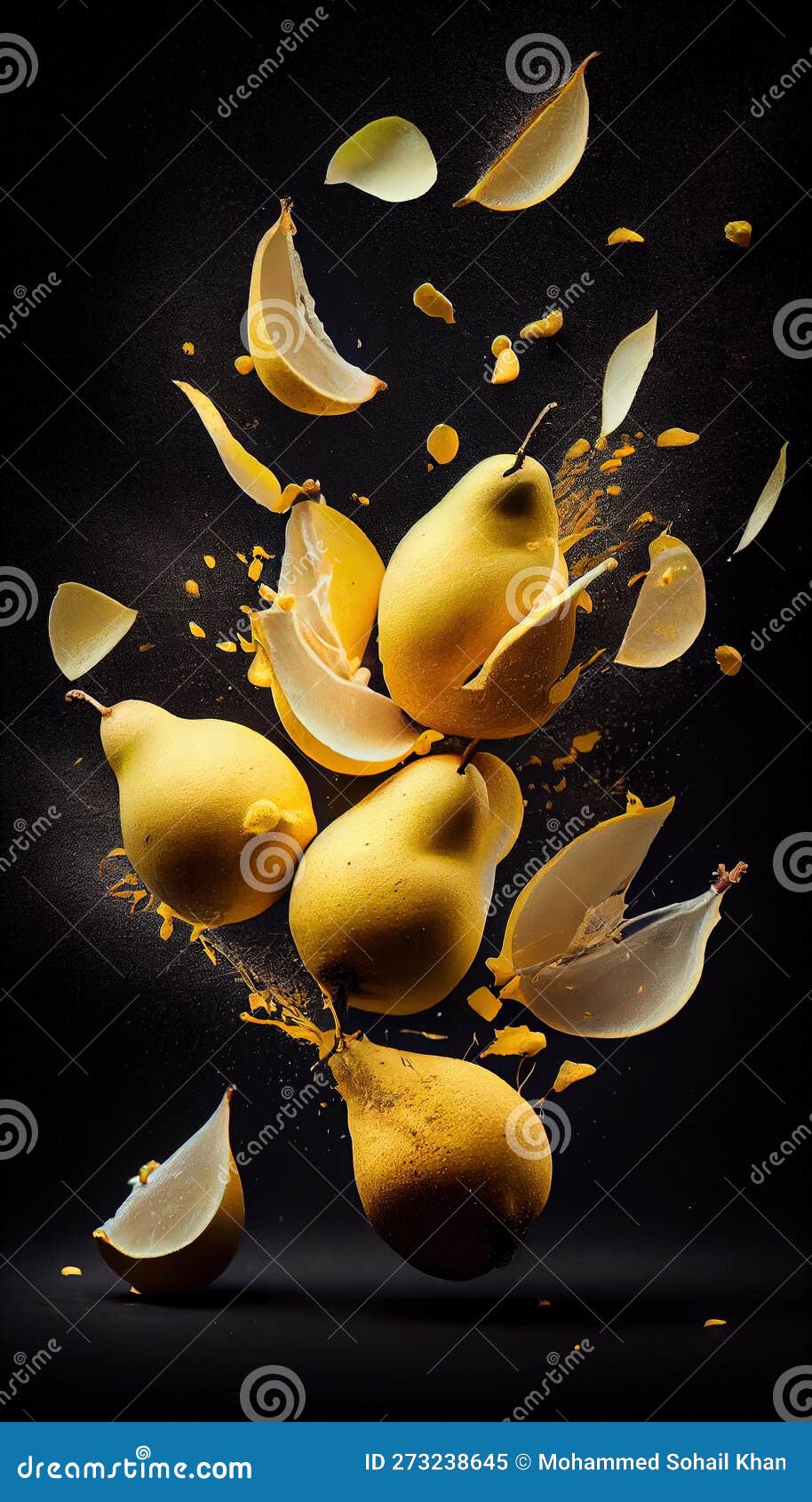 Group of Yellow Pears Creatively Falling-Dripping Flying or Splashing ...