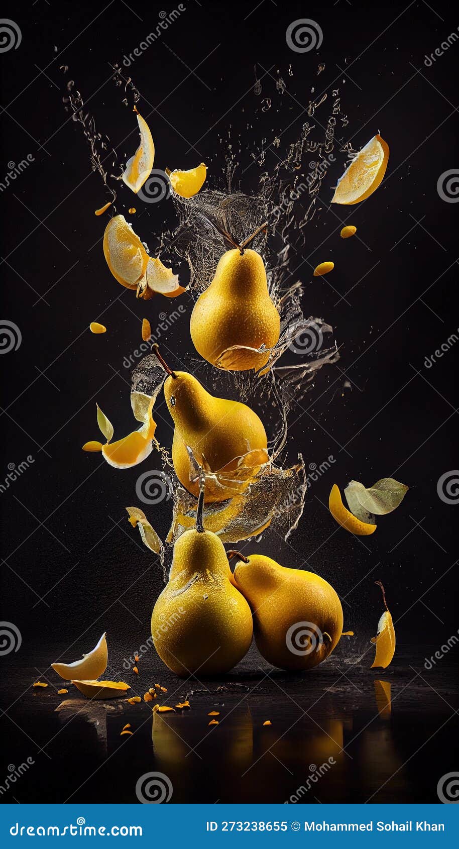 Group of Yellow Pears Creatively Falling-Dripping Flying or Splashing ...