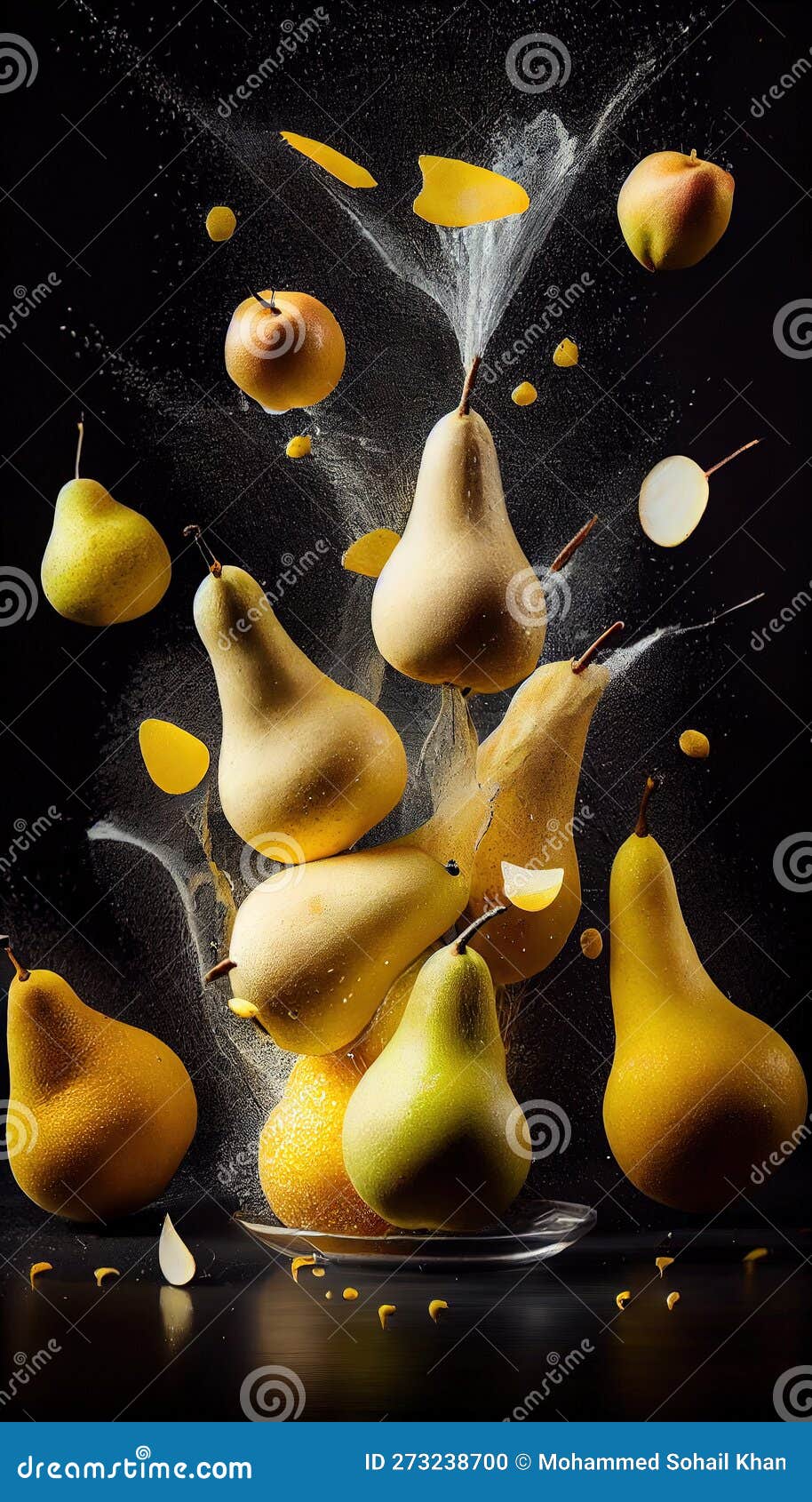 Group of Yellow Pears Creatively Falling-Dripping Flying or Splashing ...