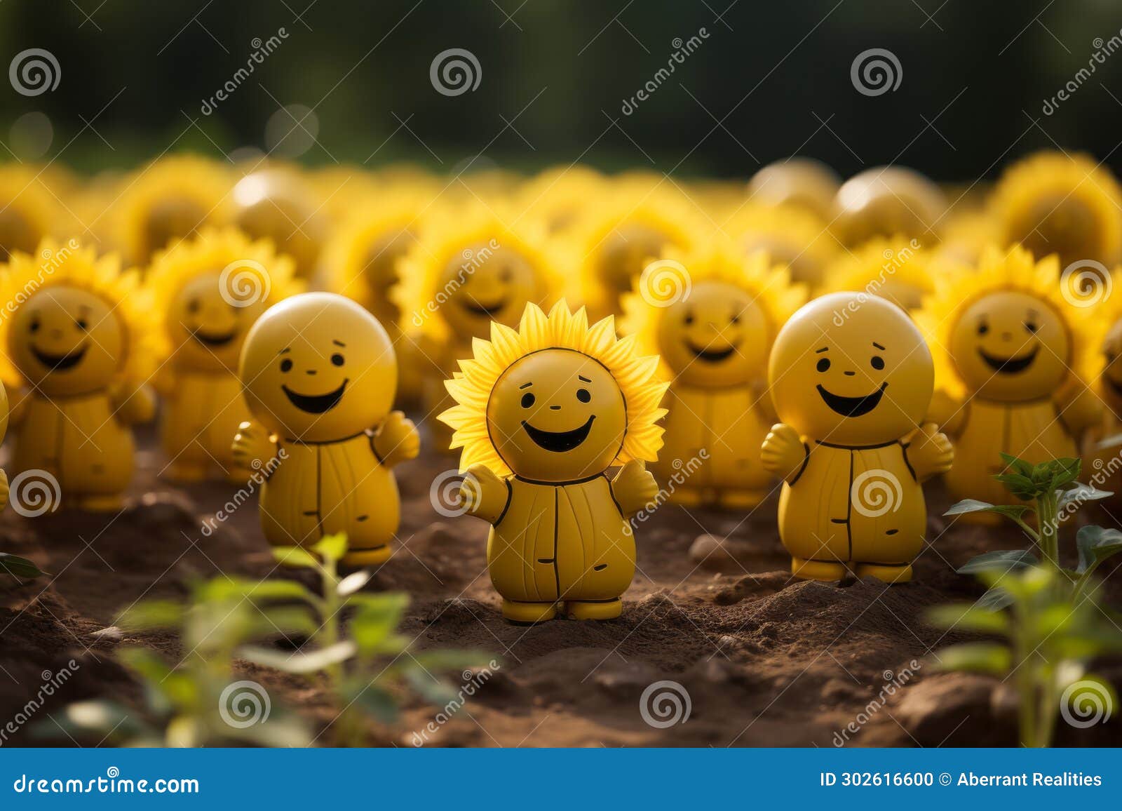 A Group of Yellow Sunflower Figurines Standing in a Field Stock ...