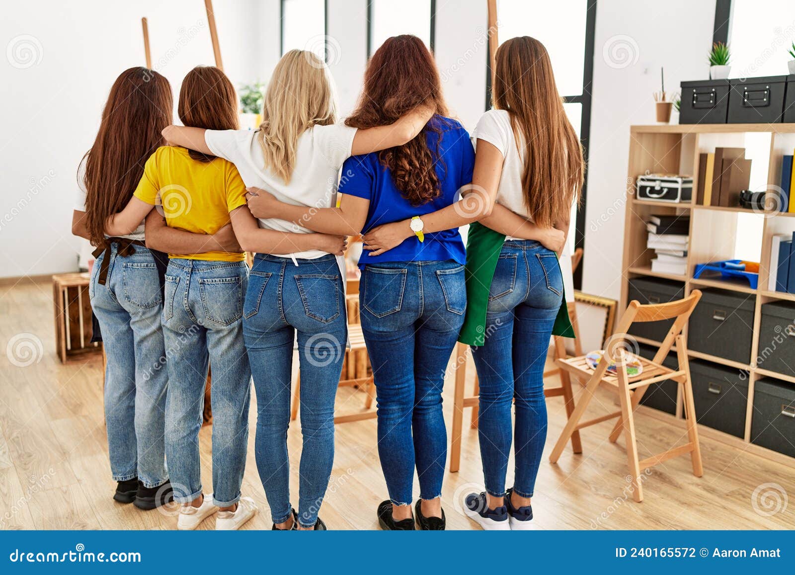 Group of Young Artist Girls on Back View Hugging at Art Studio Stock ...