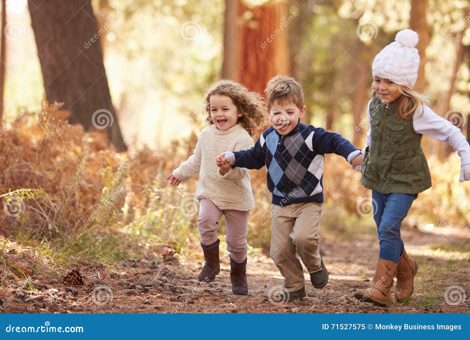 Group of Young Children Running Along Path in Autumn Forest Stock Image ...