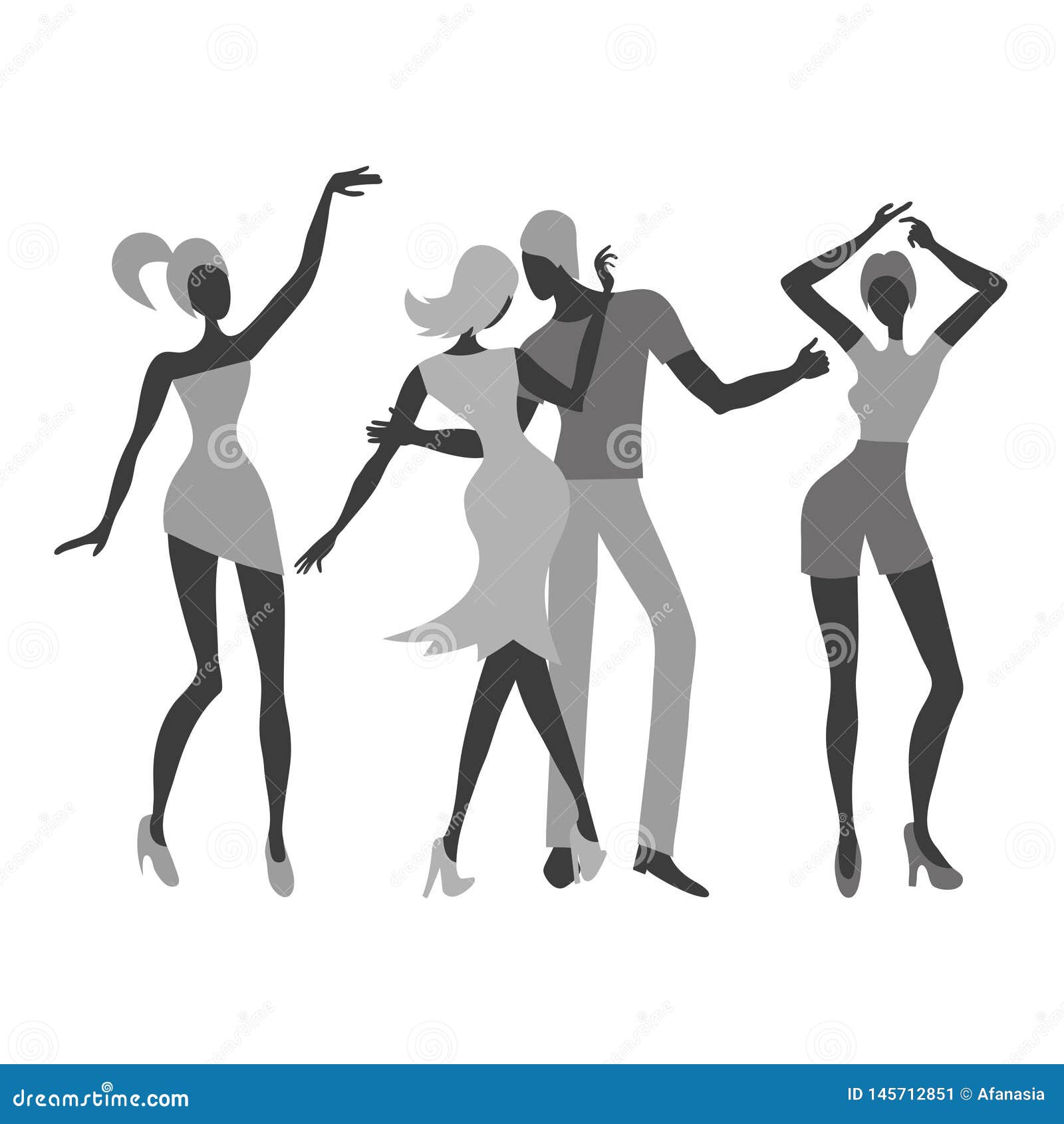 Group of Young Dancing People. Black and White Vector Illustration ...