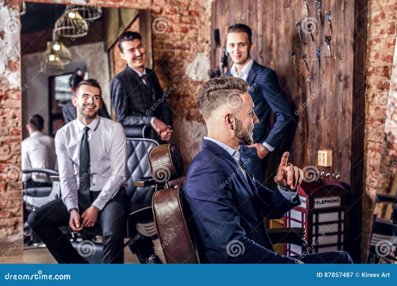 Group of Young Elegant Positive Mens Pose in Interior of Barbershop ...