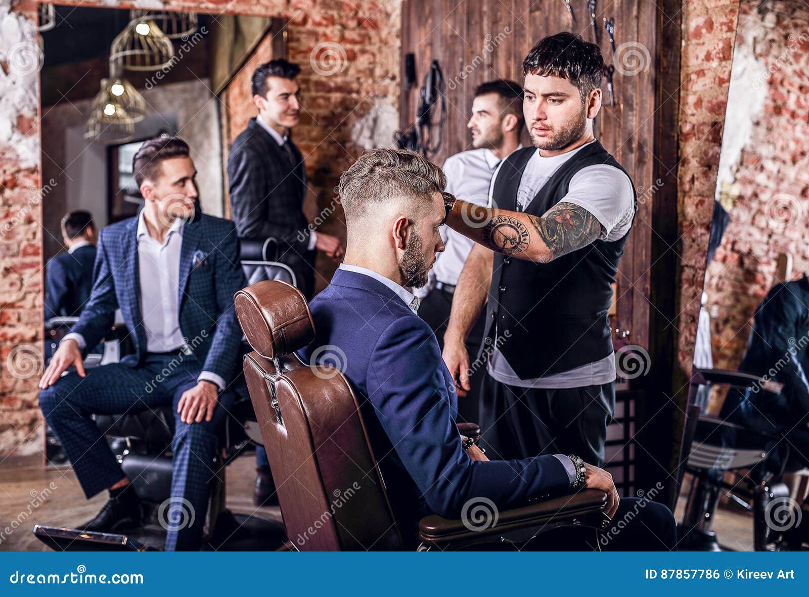 Group of Young Elegant Positive Mens Pose in Interior of Barbershop ...