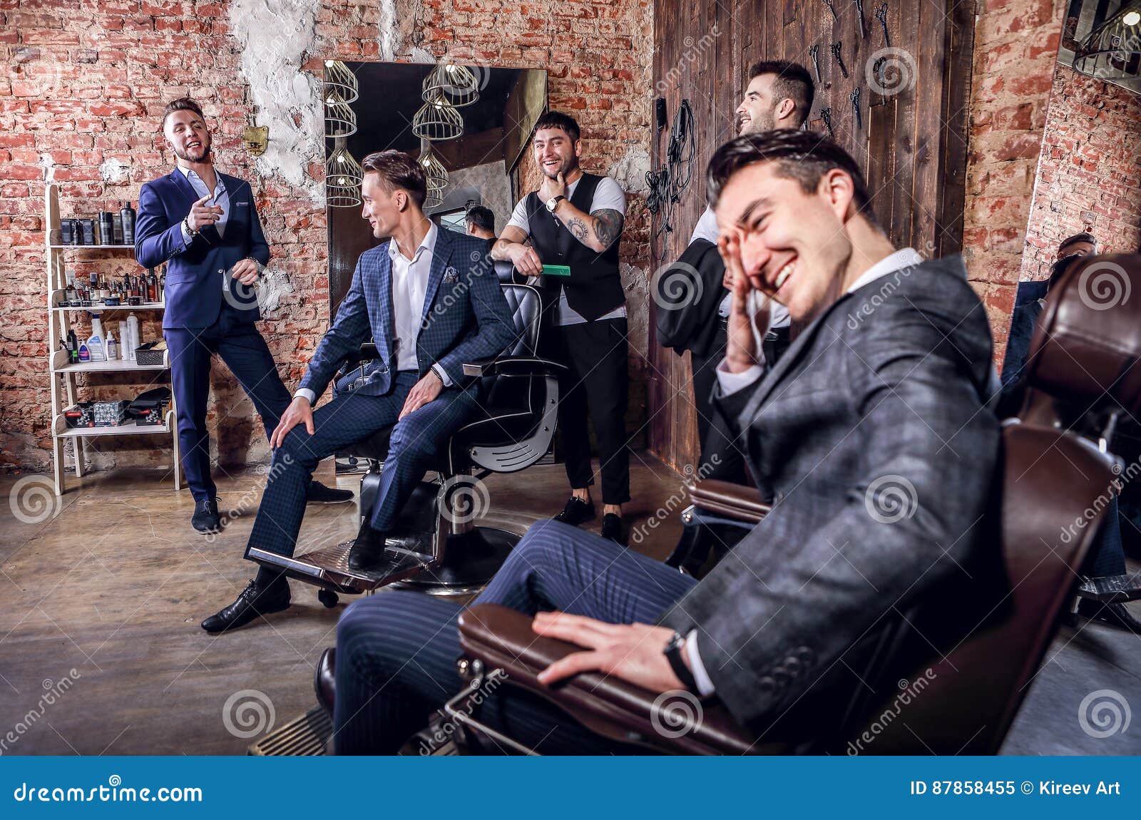 Group of Young Elegant Positive Mens Pose in Interior of Barbershop ...