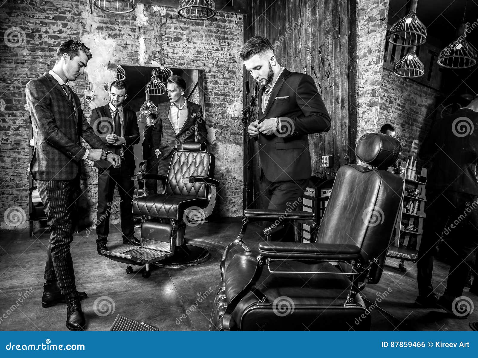 Group of Young Elegant Positive Mens Pose in Interior of Barbershop ...