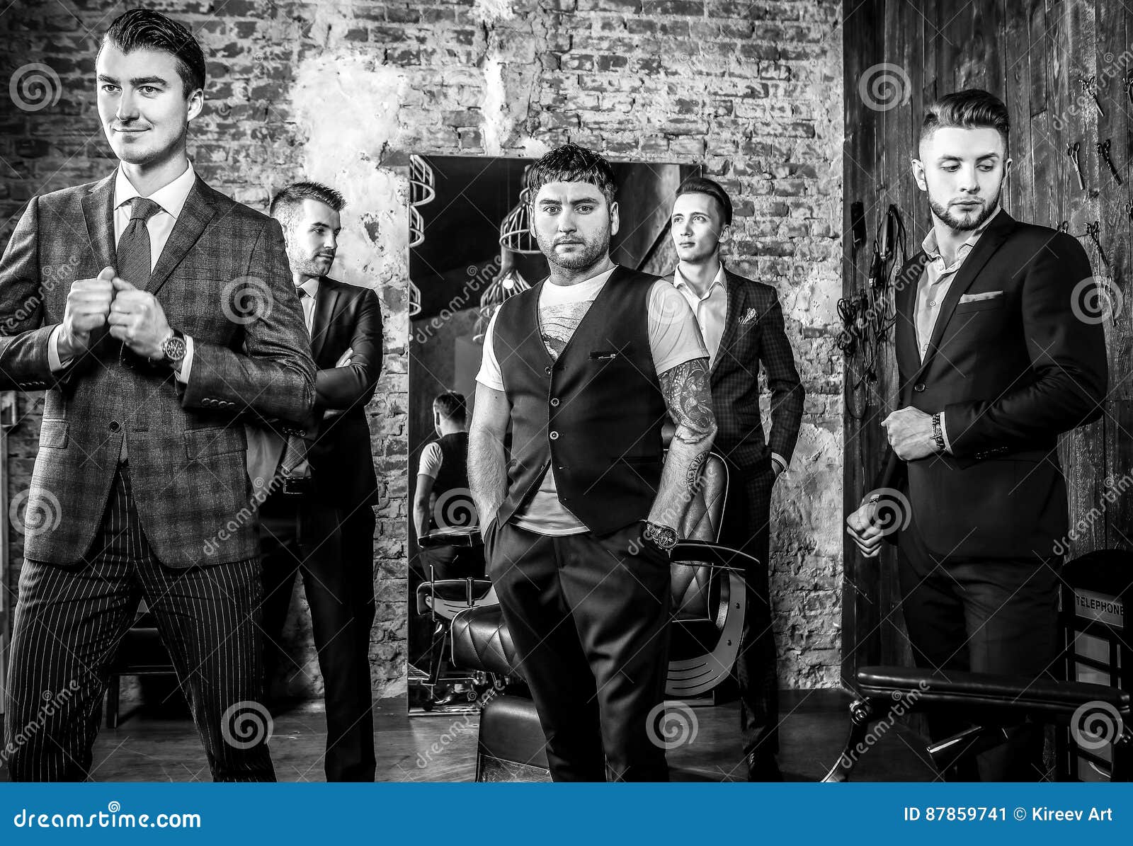 Group of Young Elegant Positive Mens Pose in Interior of Barbershop ...