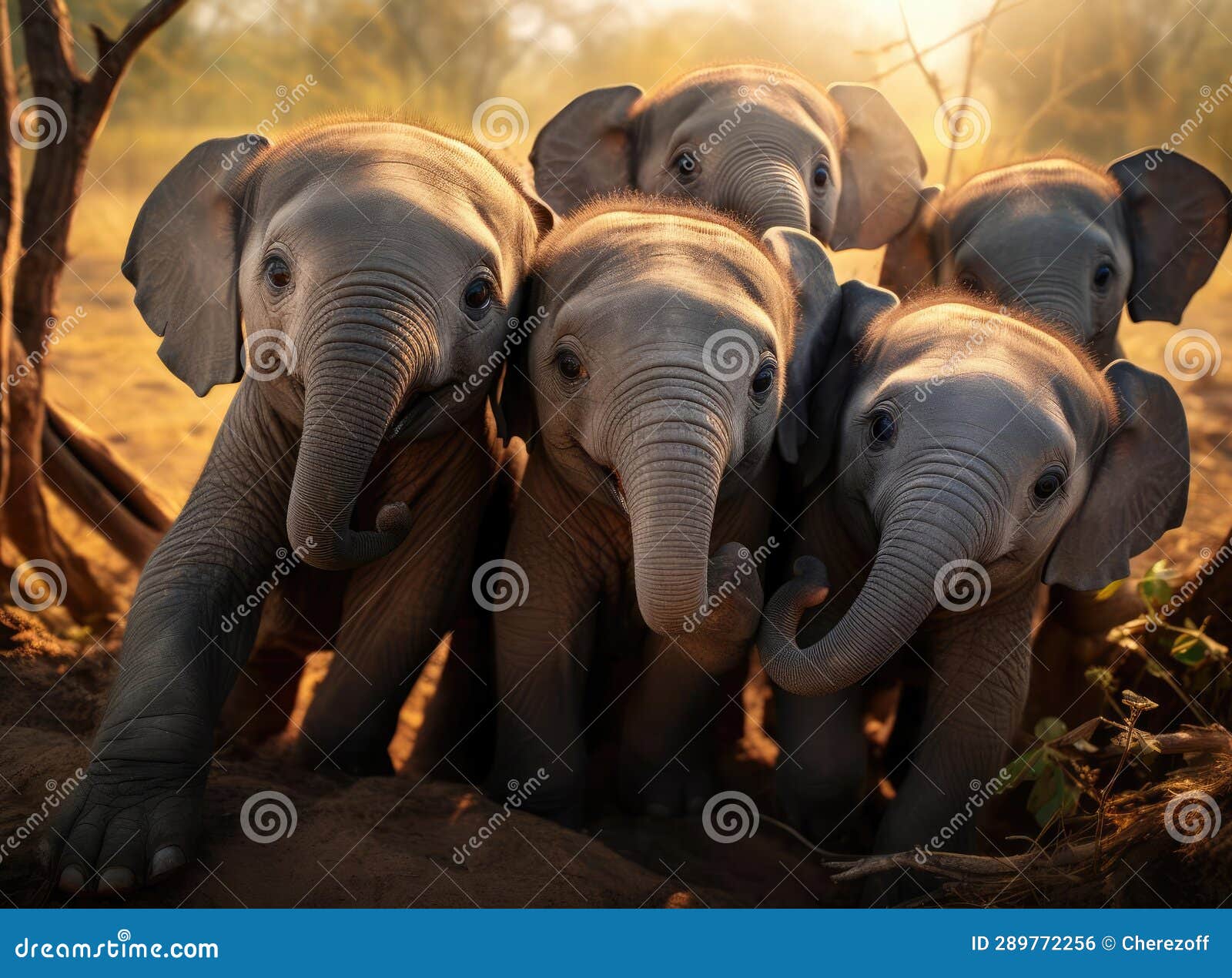 A group of young elephants stock photo. Image of group - 289772256