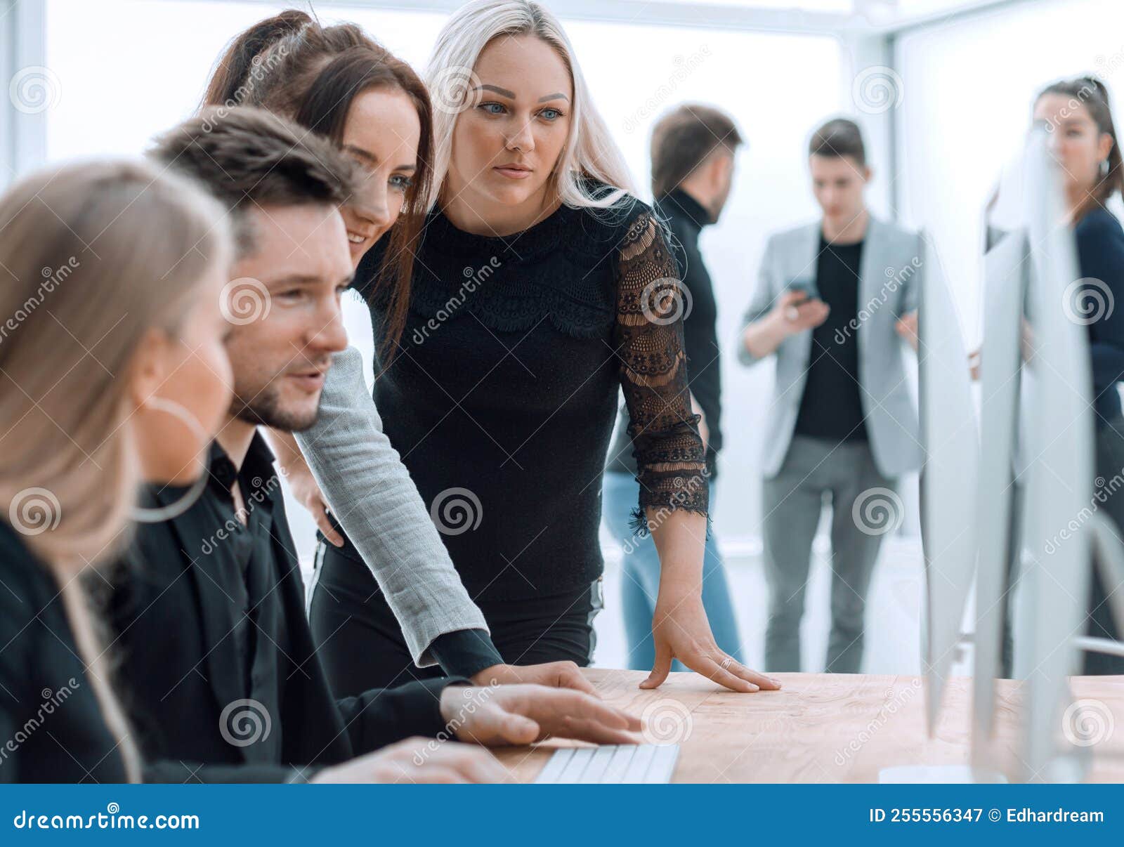 Group of Young Employees Looking at the Screens of Office Computers ...