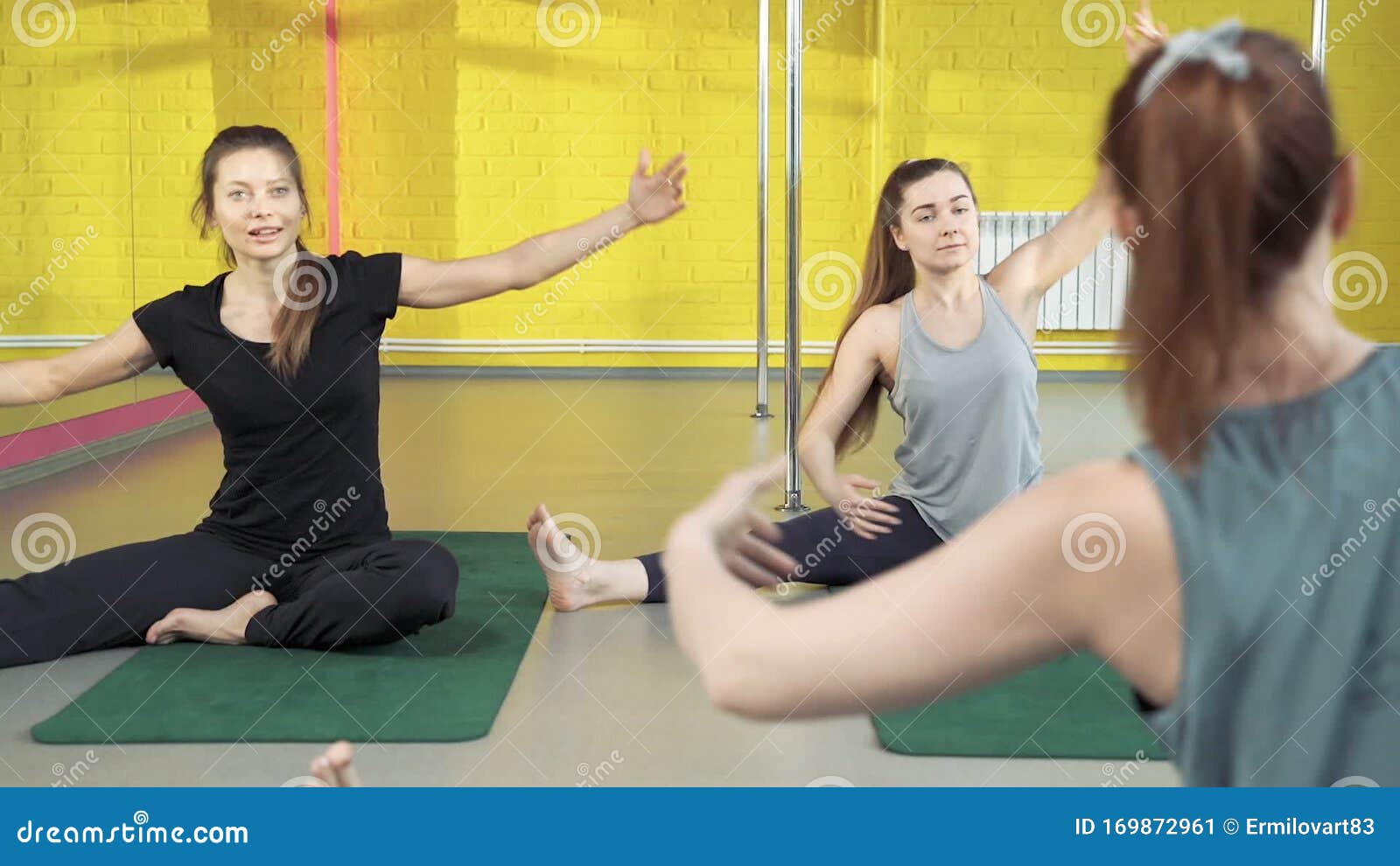 Group of Young Fit Women Doing Stretching Lesson with Instructor in ...