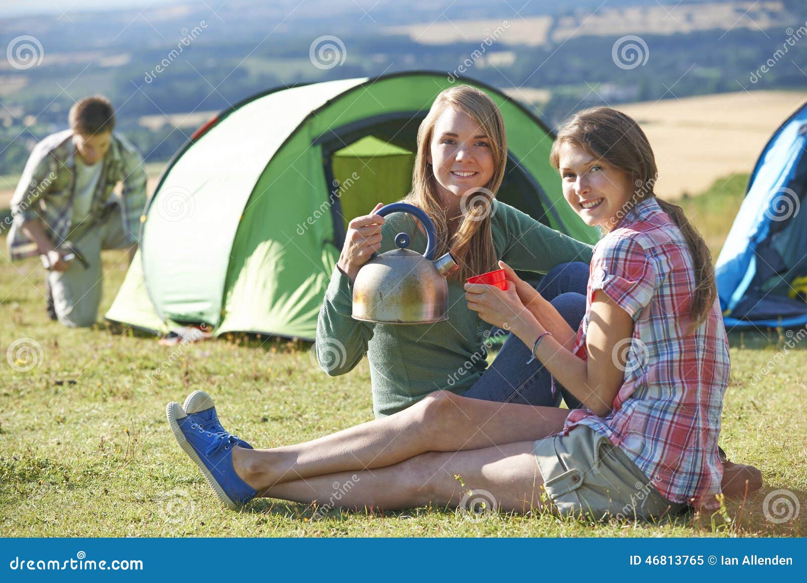 Group of Young Friends Camping in Countryside Stock Image - Image of ...