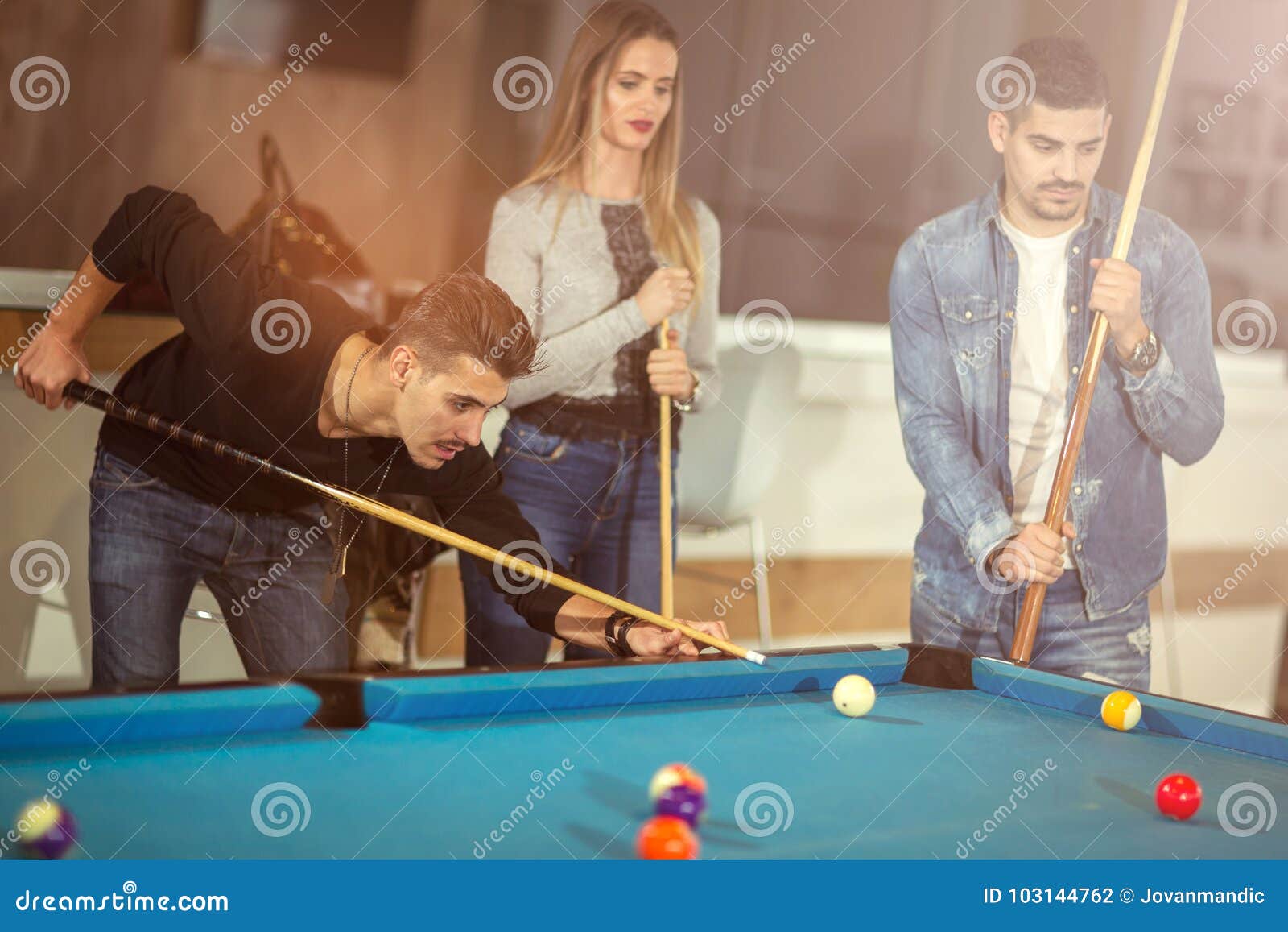 Group of Young Friends Playing Billiard Stock Photo - Image of leaning ...