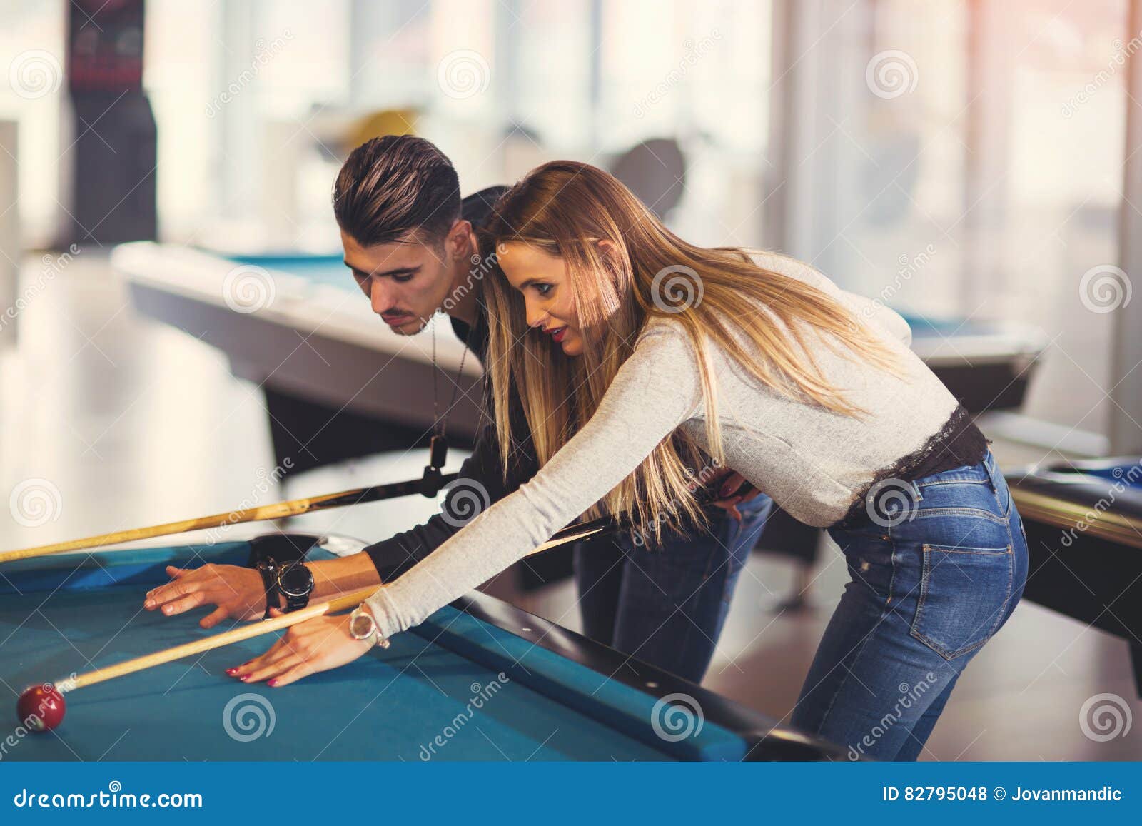 Group of Young Friends Playing Billiard Stock Photo - Image of ...