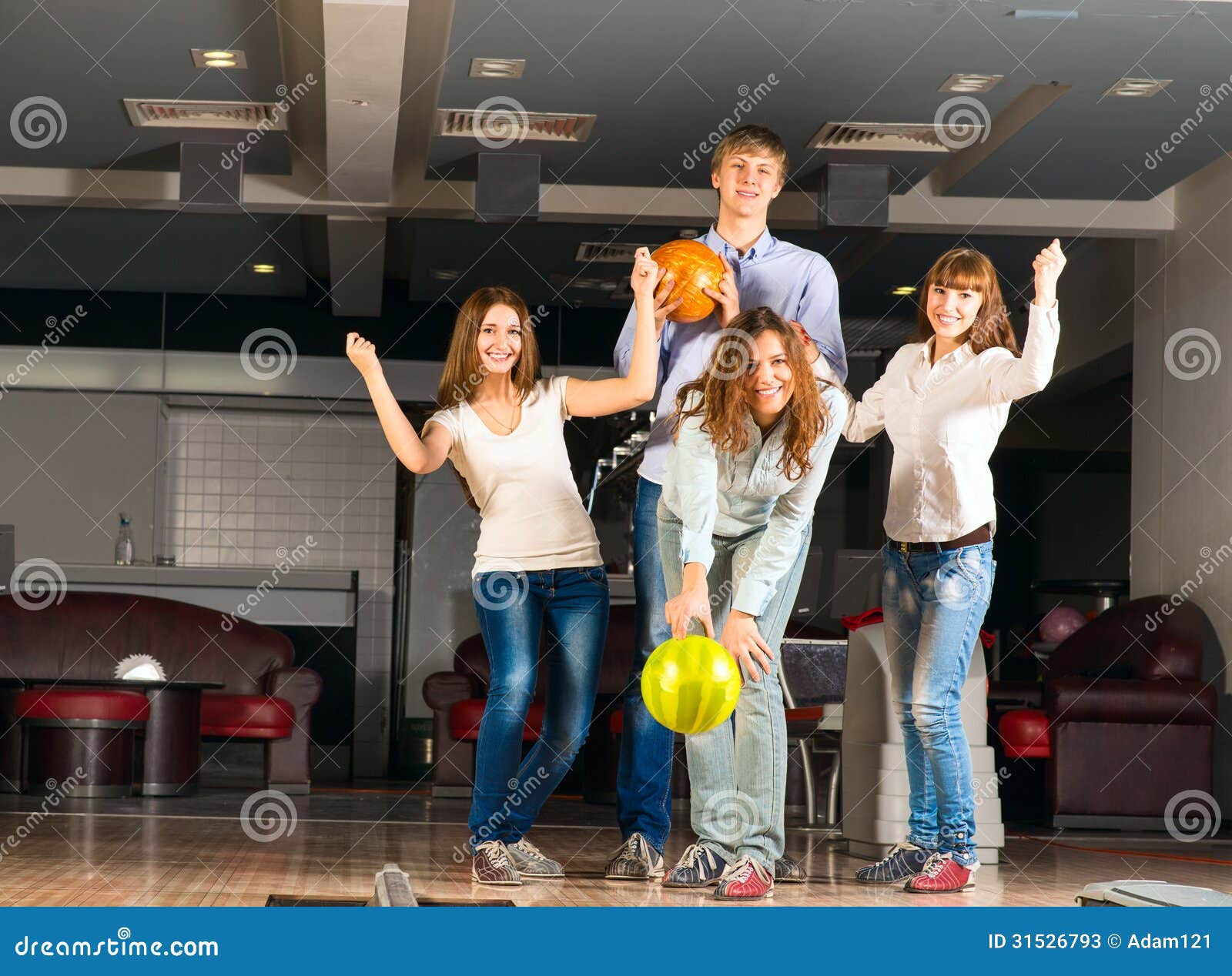 Group of Young Friends Playing Bowling Stock Image - Image of gamble ...