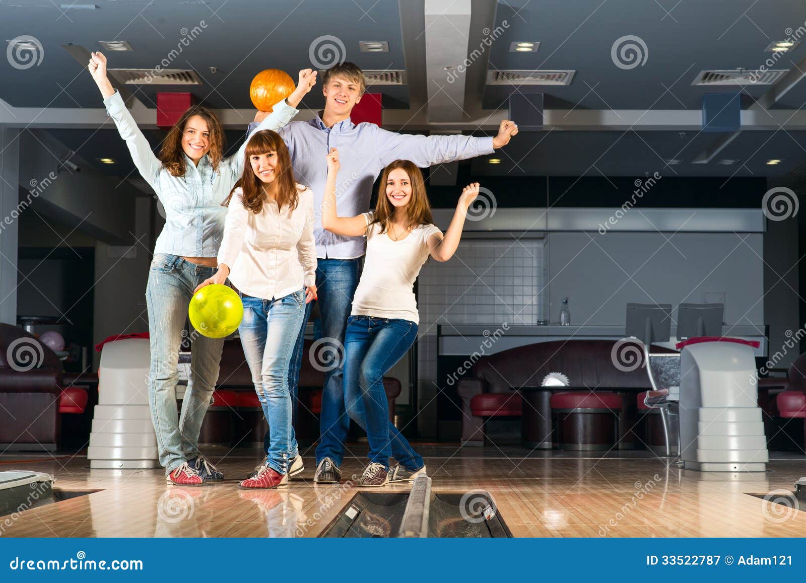 Group of Young Friends Playing Bowling Stock Image - Image of ...