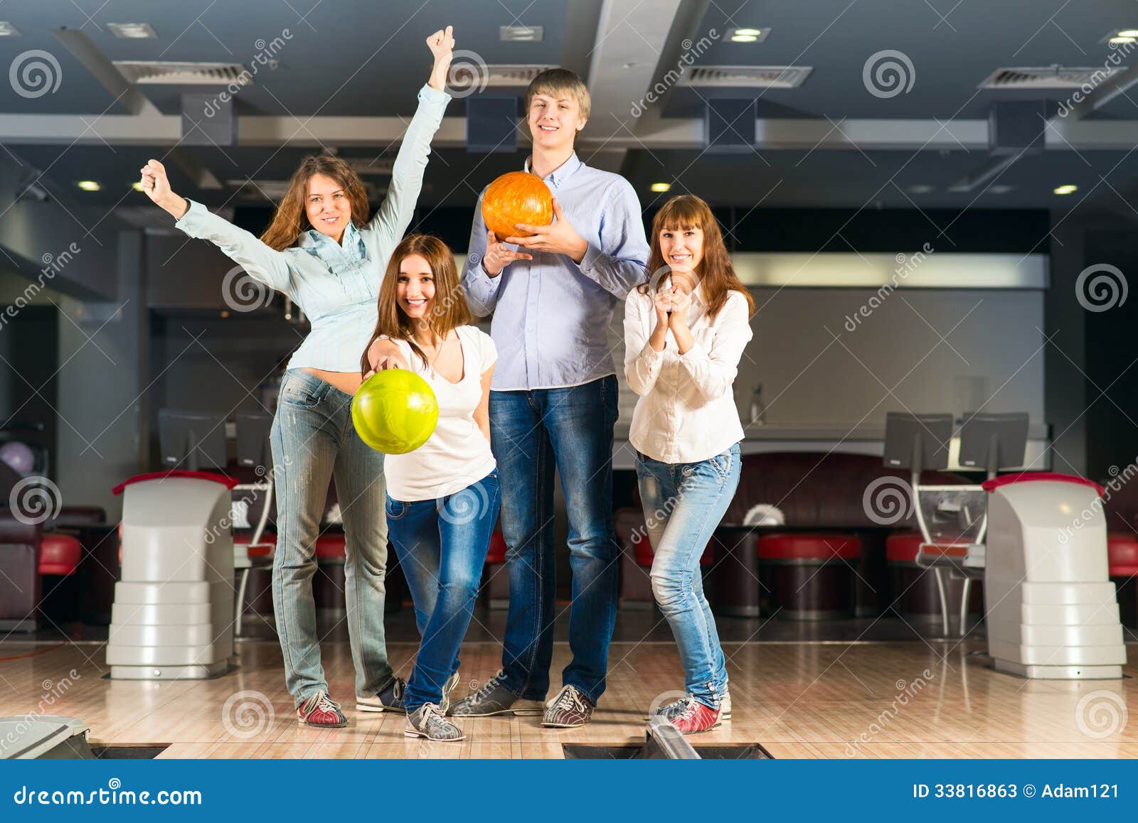 Group of Young Friends Playing Bowling Stock Image - Image of night ...