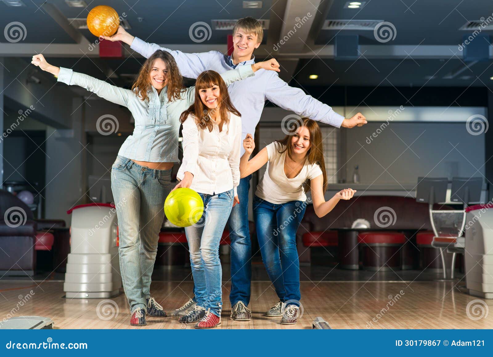 Group of Young Friends Playing Bowling Stock Image - Image of cheer ...