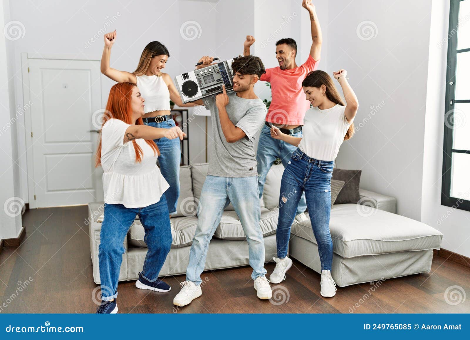Group of Young Friends Smiling Happy and Dancing at Home Stock Image ...