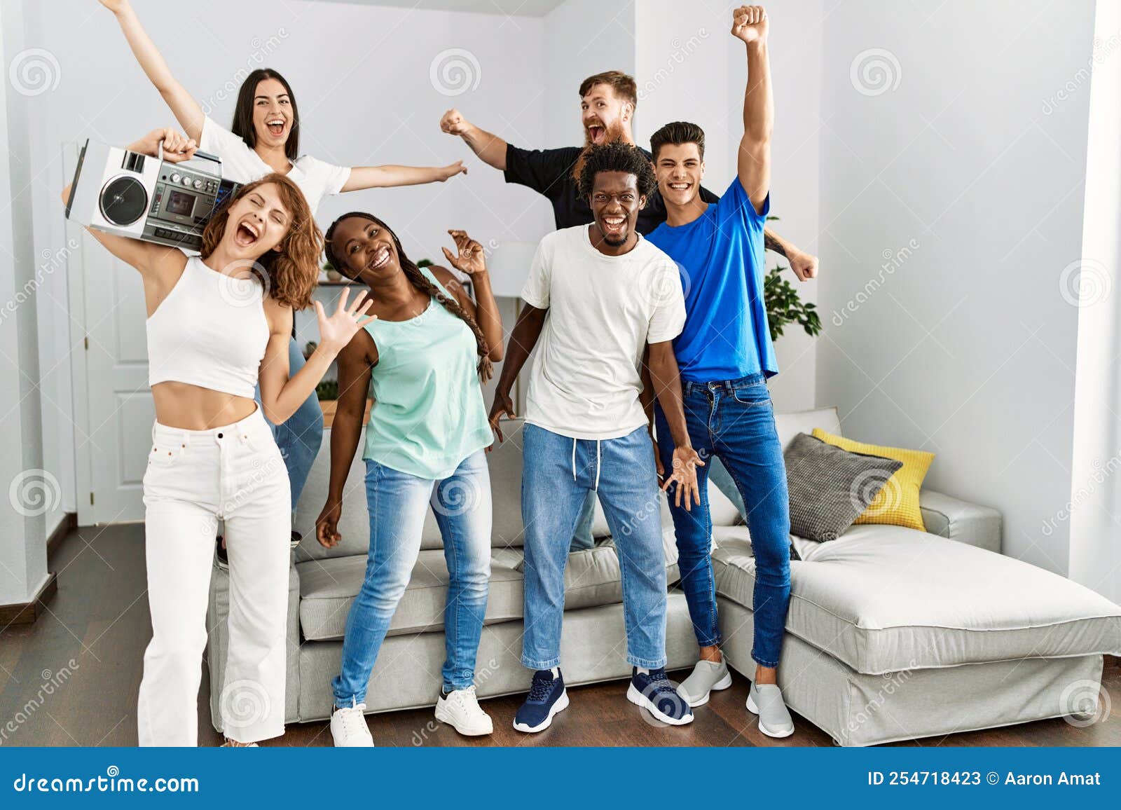 Group of Young Friends Smiling Happy and Dancing at Home Stock Image ...