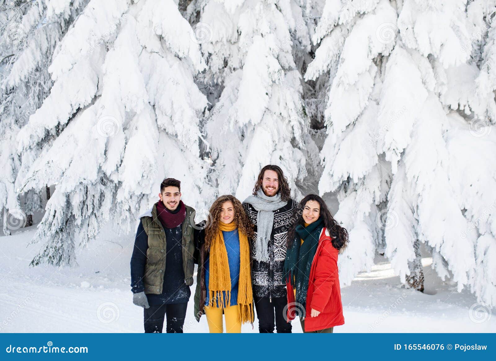A Group of Young Friends on a Walk Outdoors in Snow in Winter. Stock ...