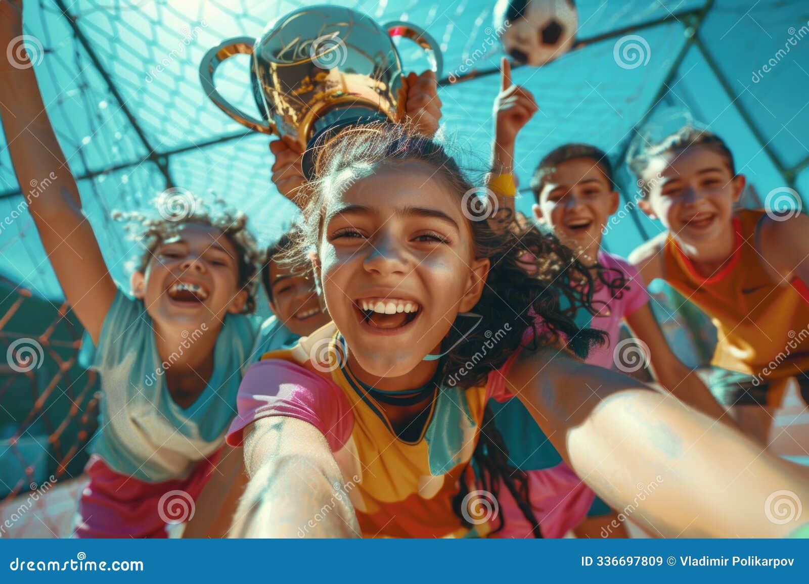 A Group of Young Girls Holding Up a Trophy in Celebration Stock Image ...