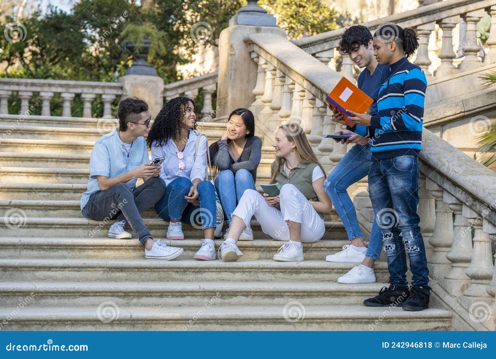 Group of Young Multiracial Students Talking on Some Stairs Stock Photo ...
