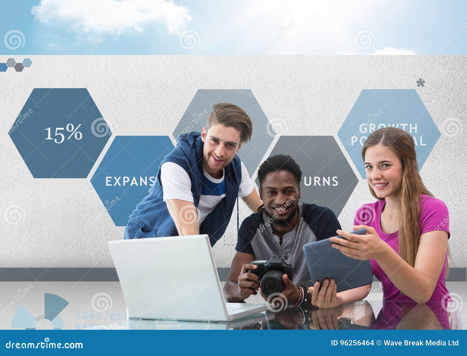 Group of Young People on Computer with Camera in Front of Business ...