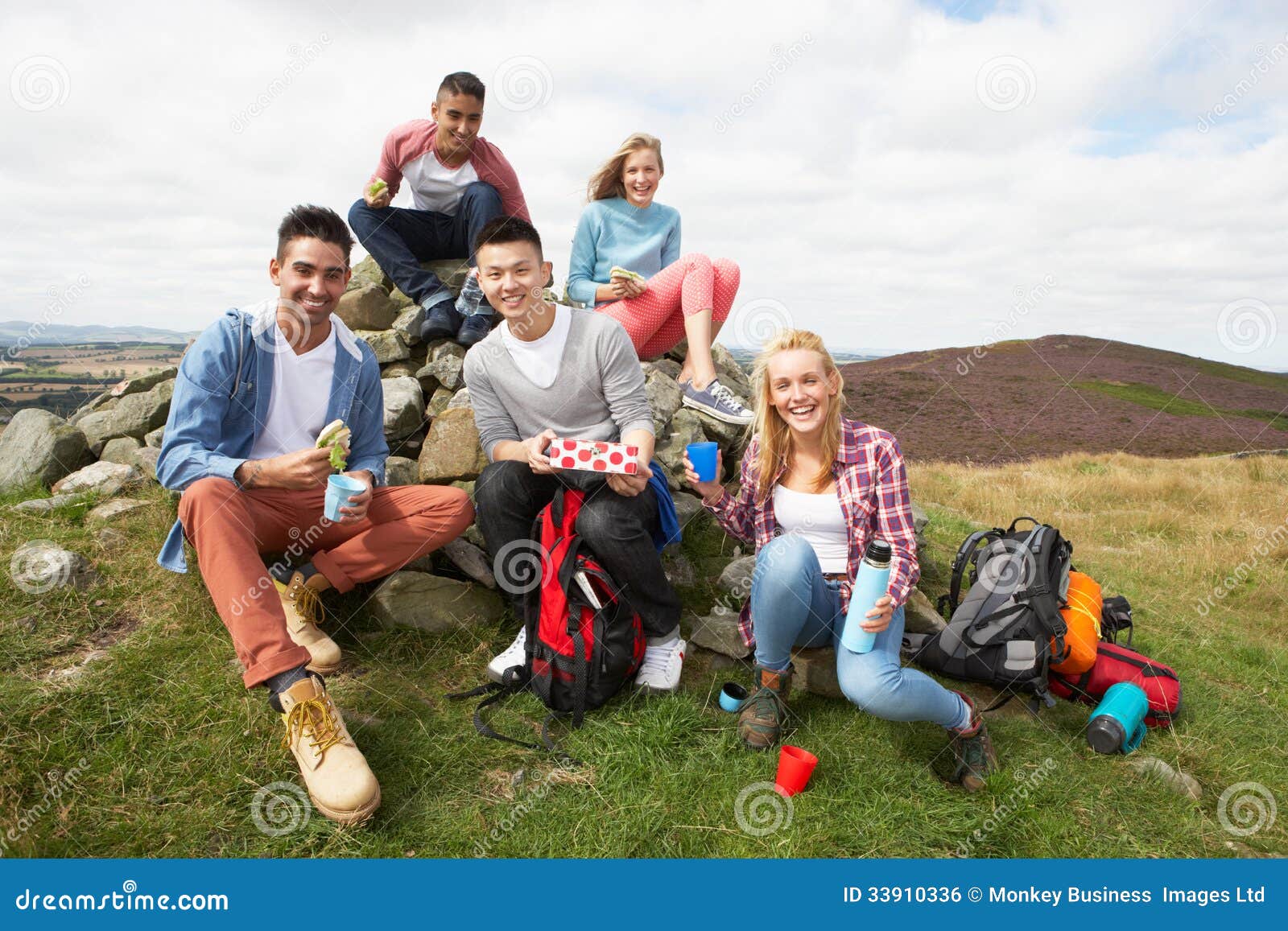 Group of Young People Hiking in Countryside Stock Photo - Image of food ...