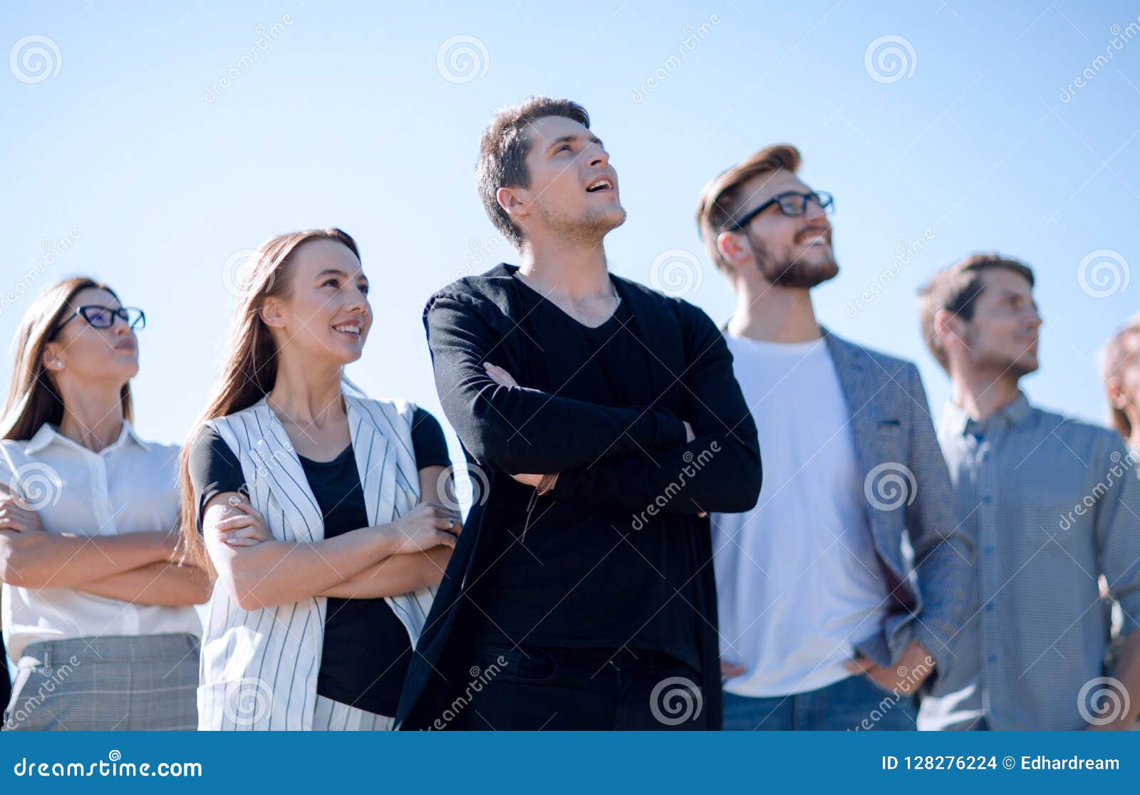 Group of Young People Looking Up at a Copy of the Space Stock Photo ...