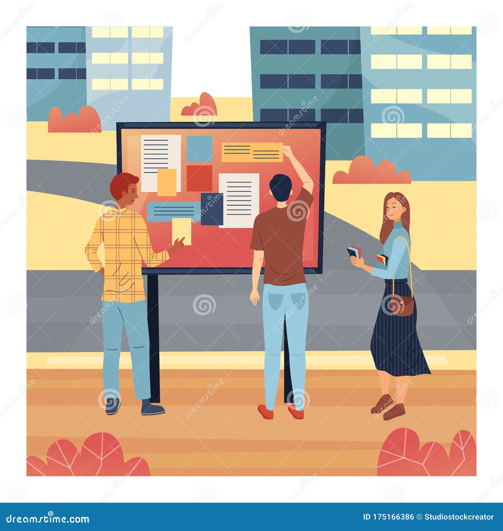 Group Of Young People Are Pasting And Reading Announcements On The ...